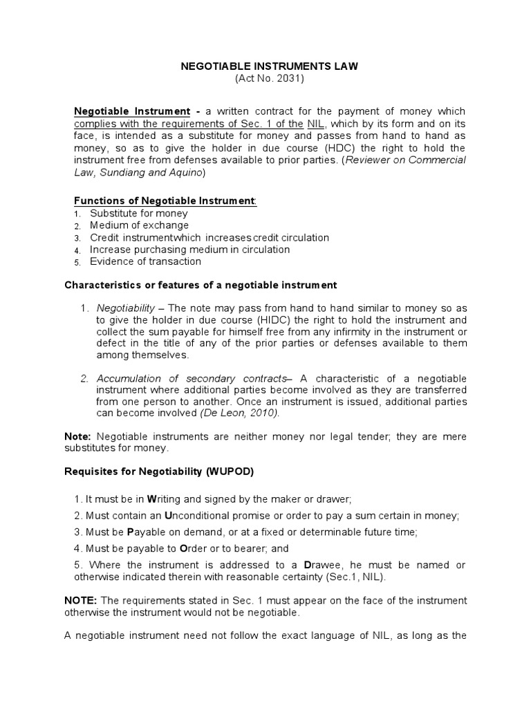 Negotiable Instruments | PDF | Negotiable Instrument | Assignment (Law)