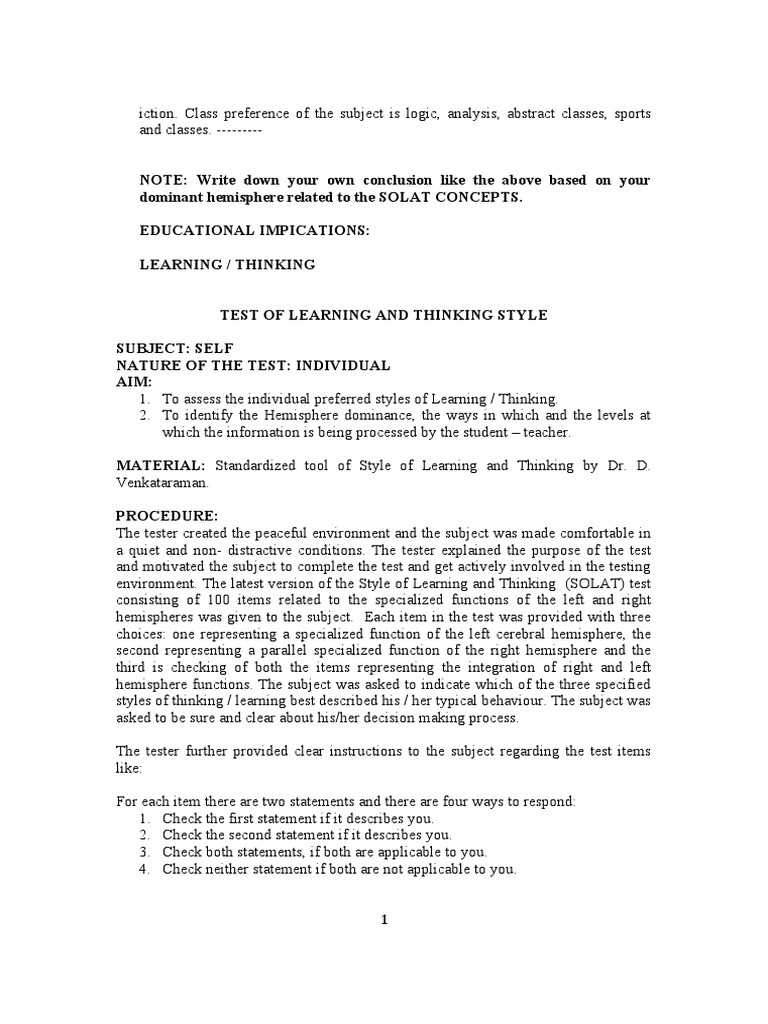 Procedure - Test of Learning and Thinking Style | PDF | Concept | Thought