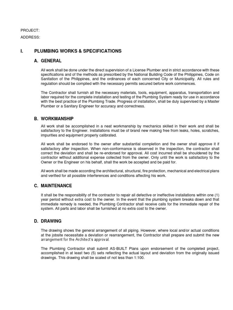 I. Plumbing Works & Specifications: A. General | PDF | Plumbing | Pipe ...