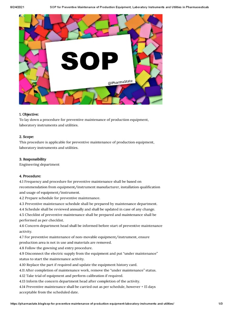SOP For Preventive Maintenance of Production Equipment, Laboratory ...
