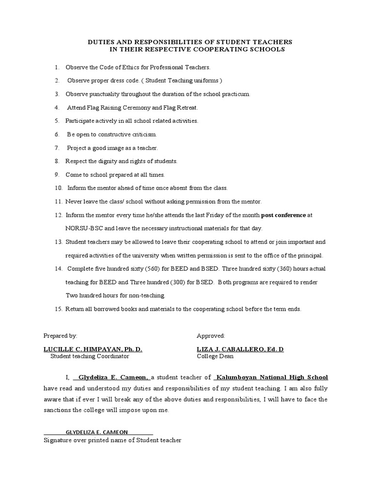 Duties and Responsibilities of Student Teachers | PDF