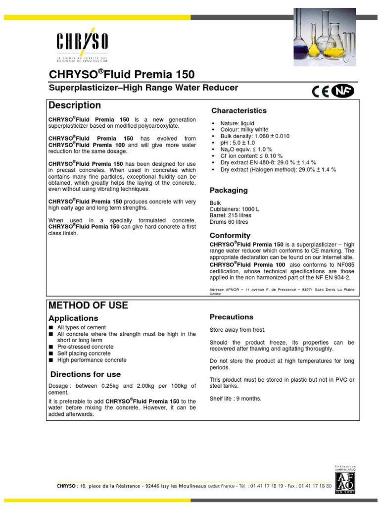 Chryso Fluid Premia 150: Description | PDF | Concrete | Materials