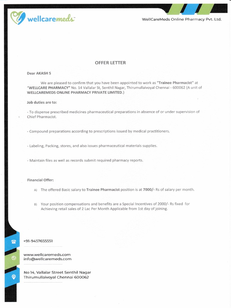 Akash Offer Letter | PDF | Pharmacy | Pharmacist