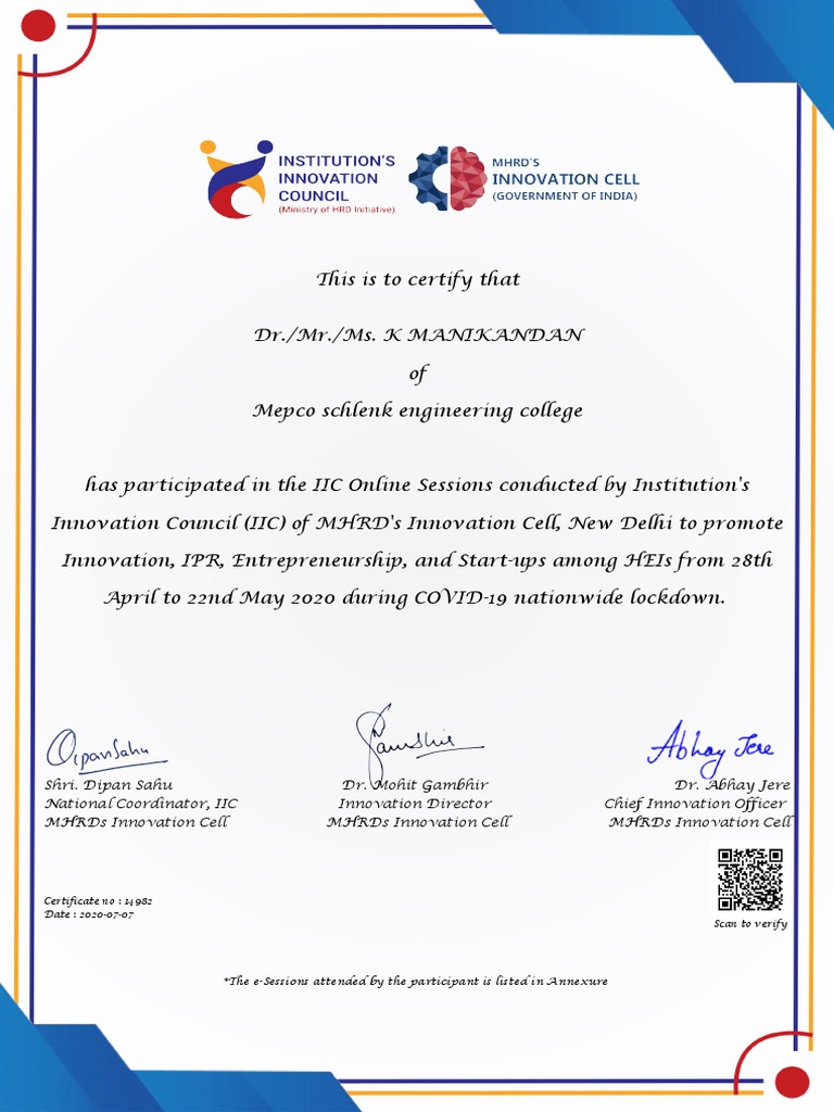 IIC Online Session Certificate | PDF | Entrepreneurship | Startup Company