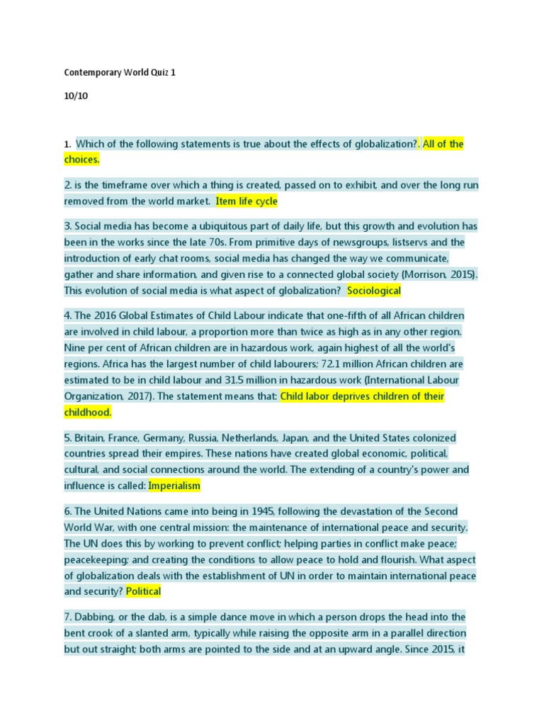 Contemporary World Quiz 1 | PDF | Globalization | Child Labour