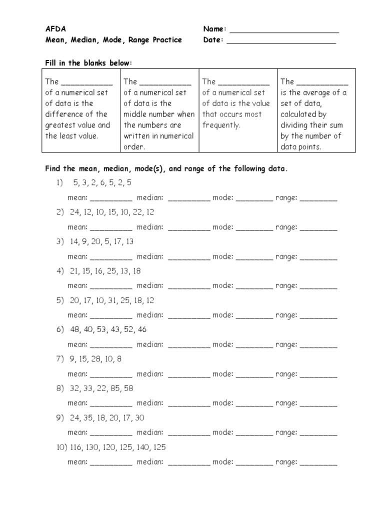 Mean, Median, Mode Practice Worksheet | PDF | Mode (Statistics) | Mean