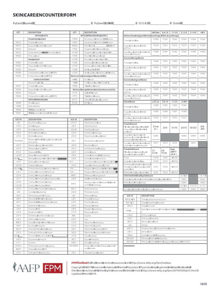 CPT Codes Skin Care Encounter Form - fpm20130100p11-rt1 | PDF
