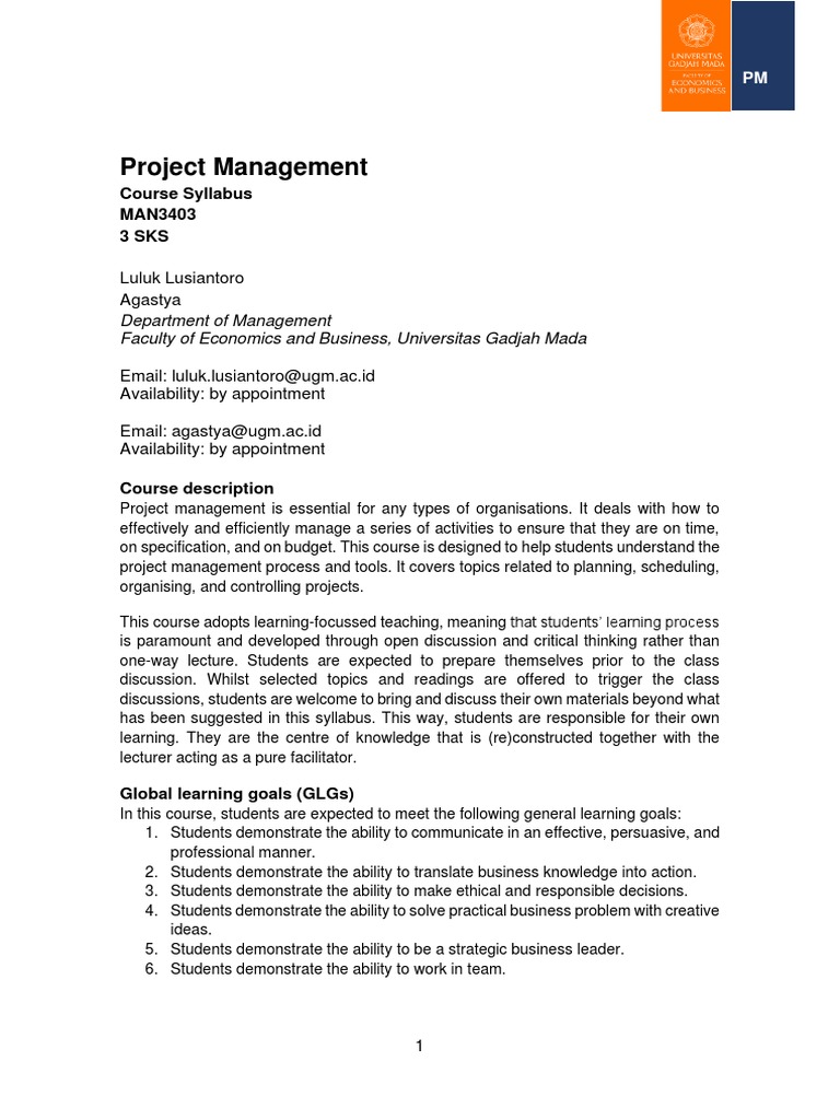 Project Management: Course Syllabus MAN3403 3 Sks | PDF | Project ...