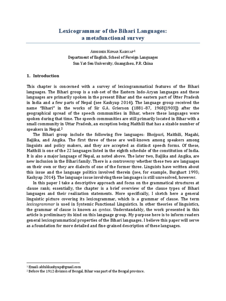 Lexicogrammar of The Bihari Languages A | PDF | Subject (Grammar ...