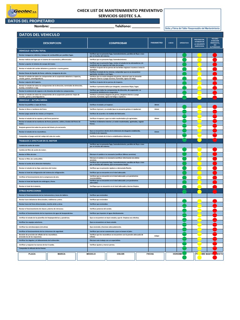 Check List Mantenimiento Preventivo Vehicular | PDF | Neumático ...
