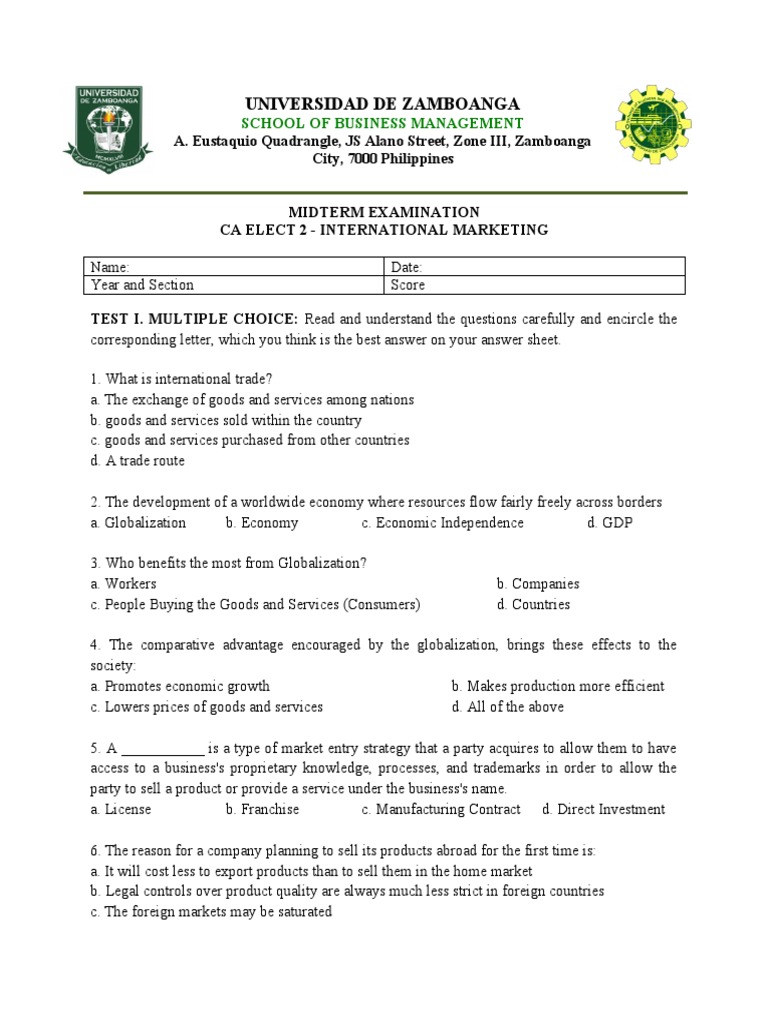 Midterm Examination - (International Marketing) | PDF | Market ...
