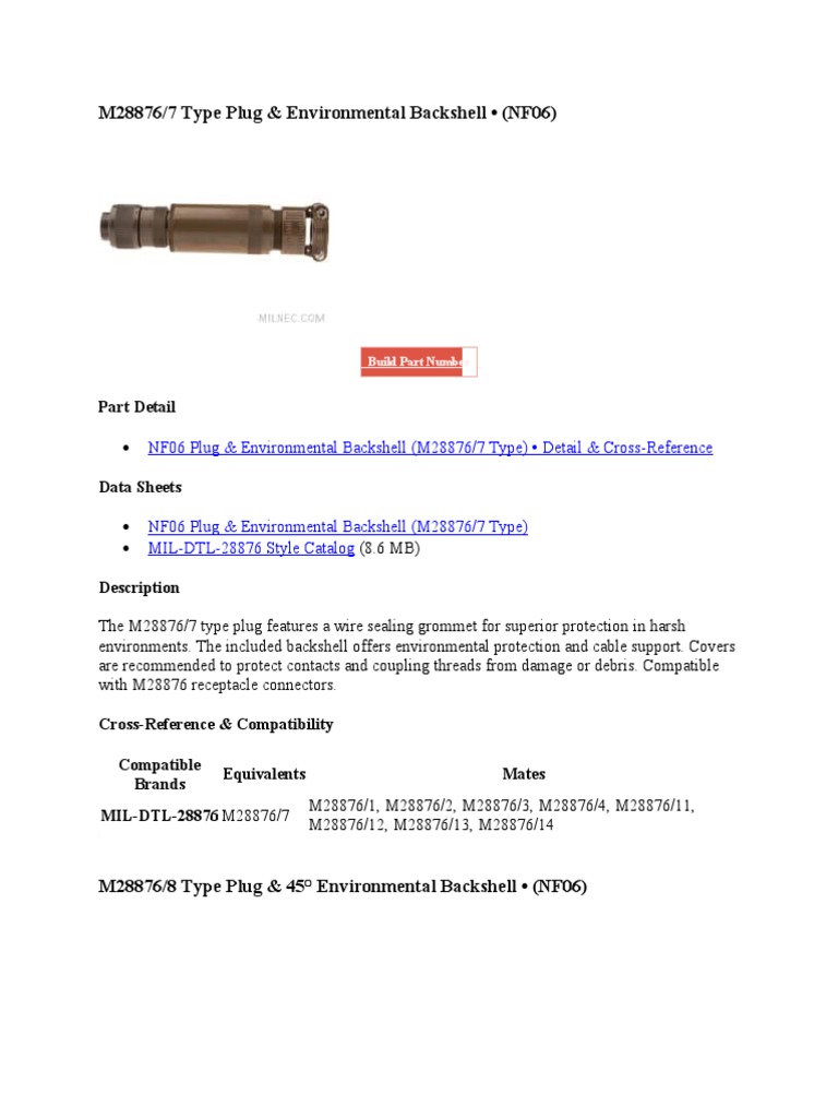 M28876/7 Type Plug & Environmental Backshell - (NF06) : Part Detail ...
