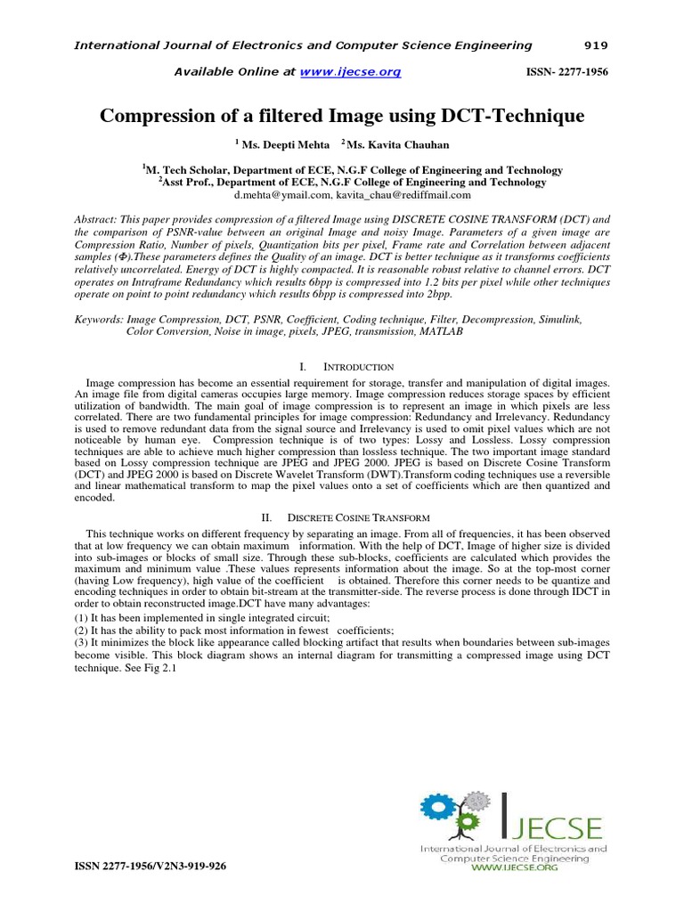 Compression of A Filtered Image Using DCT Technique | PDF | Data Compression | Wavelet