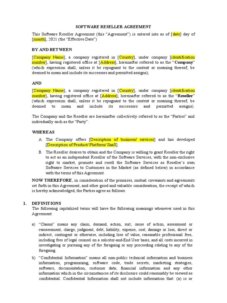 Software Reseller Agreement | PDF | Indemnity | Damages