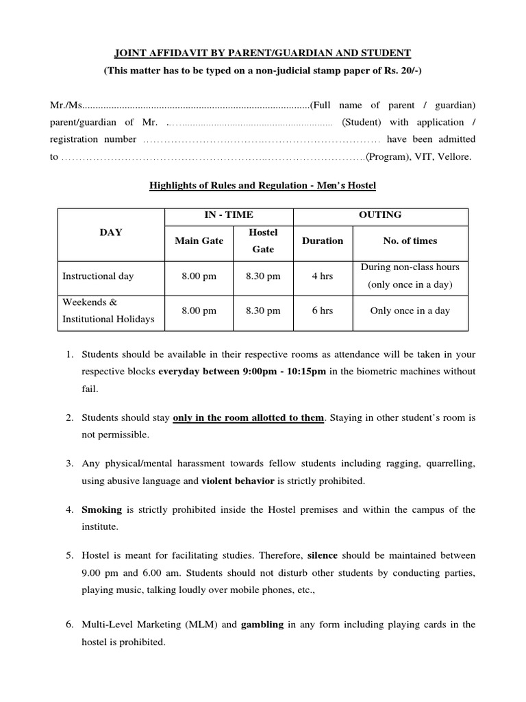 Hostel Affidavit Mens Hostel 2020 2021 | PDF | Surety | Multi Level ...