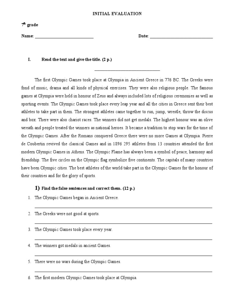 INITIAL EVALUATION CL 7 2020 | PDF | Olympic Games | Ancient Greece