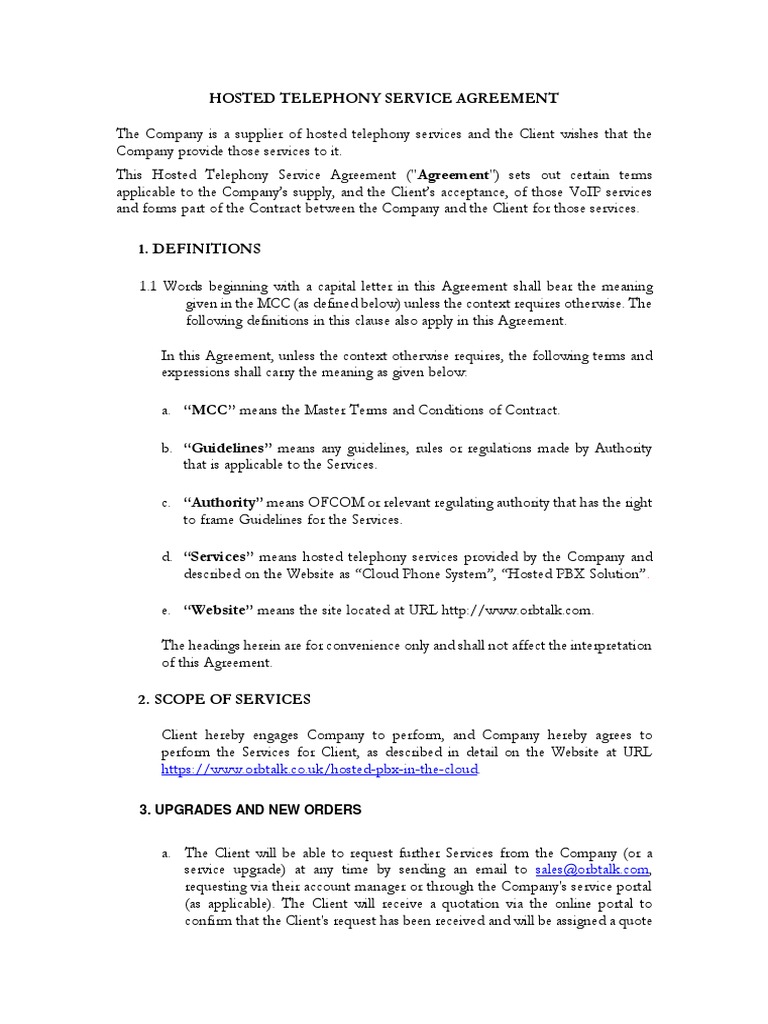 Orbtalk Hosted Telephony Service Agreement | PDF | Voice Over Ip ...