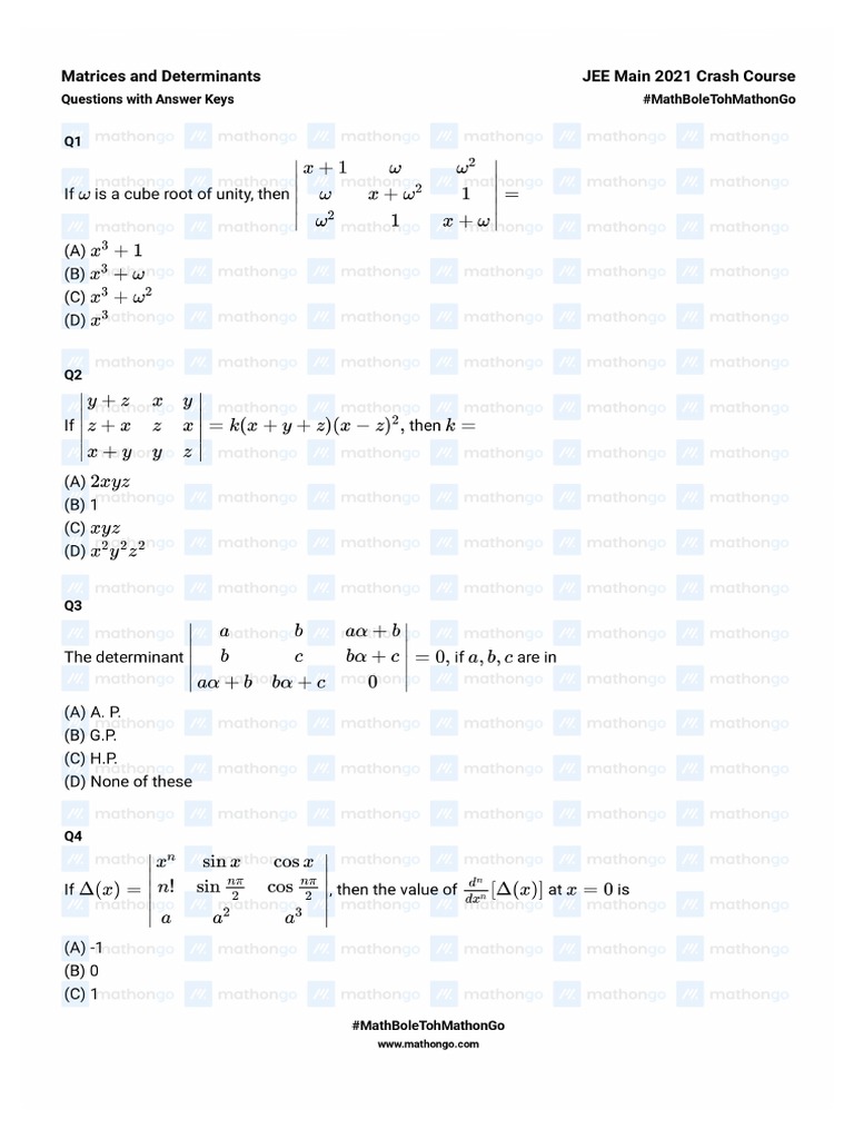 DPP Matrices and Determinants Question Mathongo | PDF
