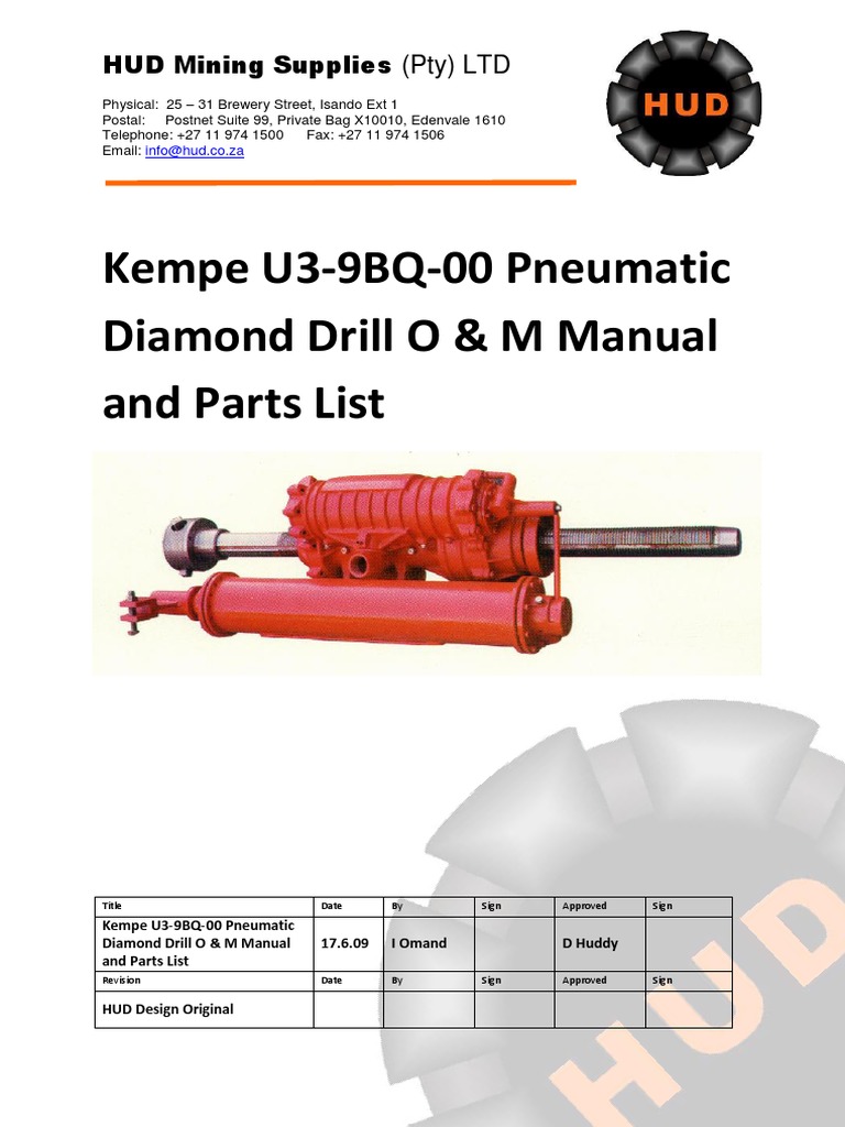 Kempe U3-9BQ-00 Pneumatic Diamond Drill O & M Manual and Parts List ...