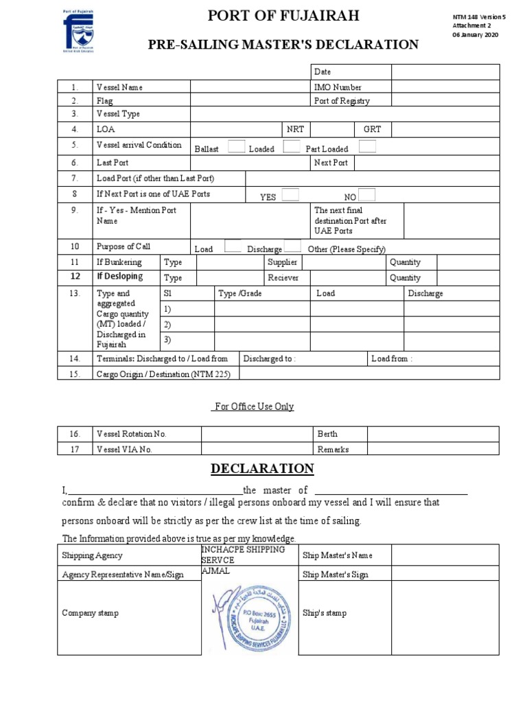 Fujairah Pre-Sailing Declaration Form | PDF | Port | Ships