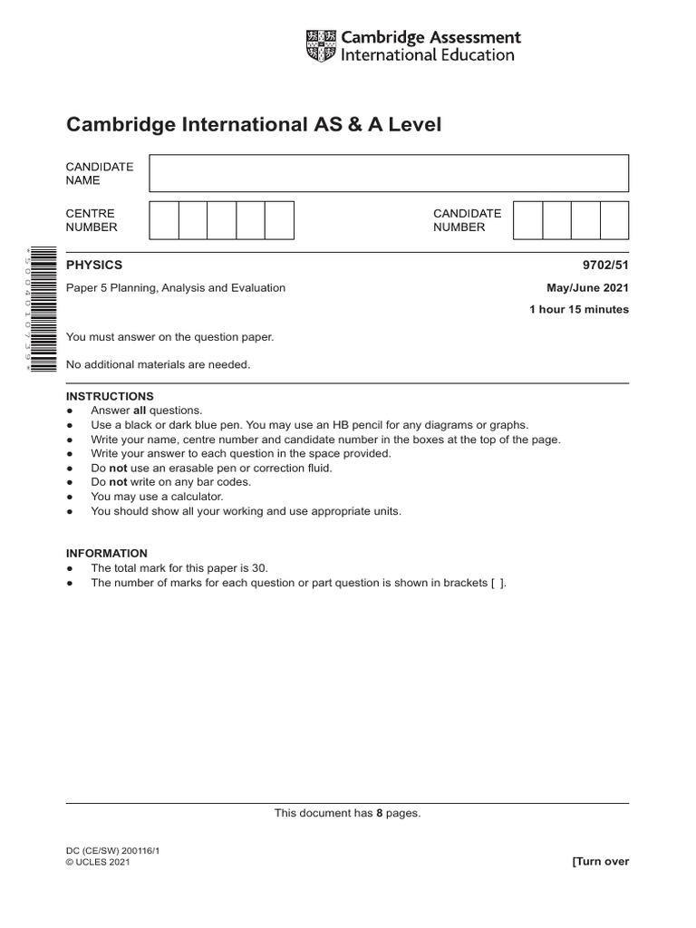 Cambridge International AS & A Level: PHYSICS 9702/51 | PDF | Resistor ...