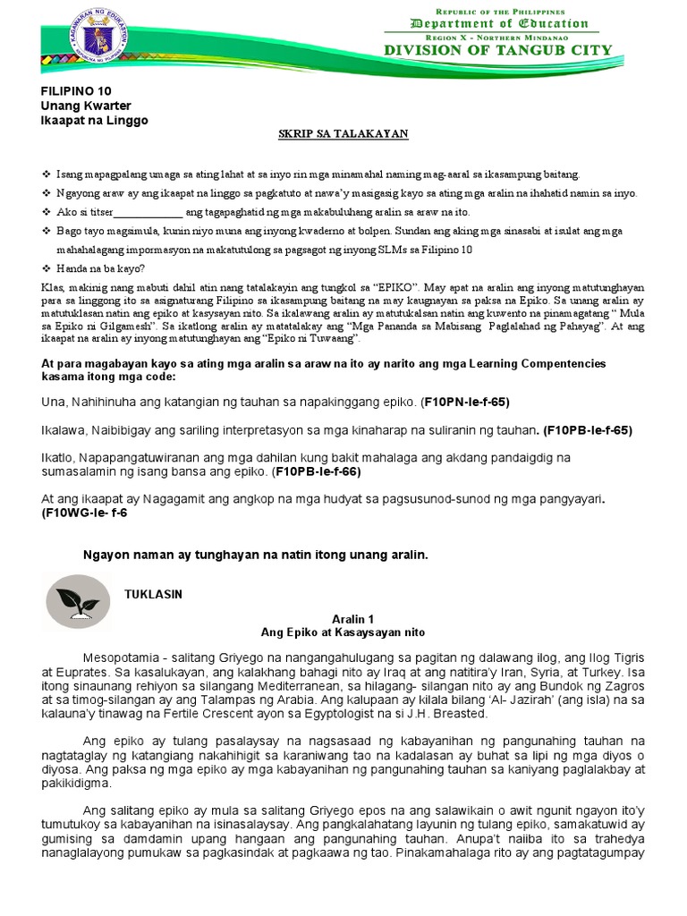 1st Quarter Filipino 10 Week 4 SLM | PDF