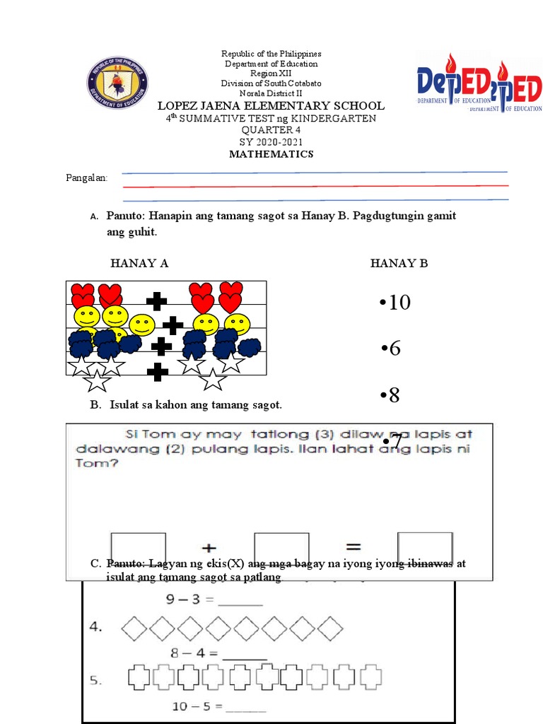 4 Summative Test NG Kindergarten Quarter 4 SY 2020-2021: Mathematics | PDF