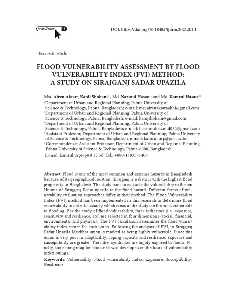 Flood Vulnerability Assessment by Flood Vulnerability Index (FVI) Method: A Study On Sirajganj ...