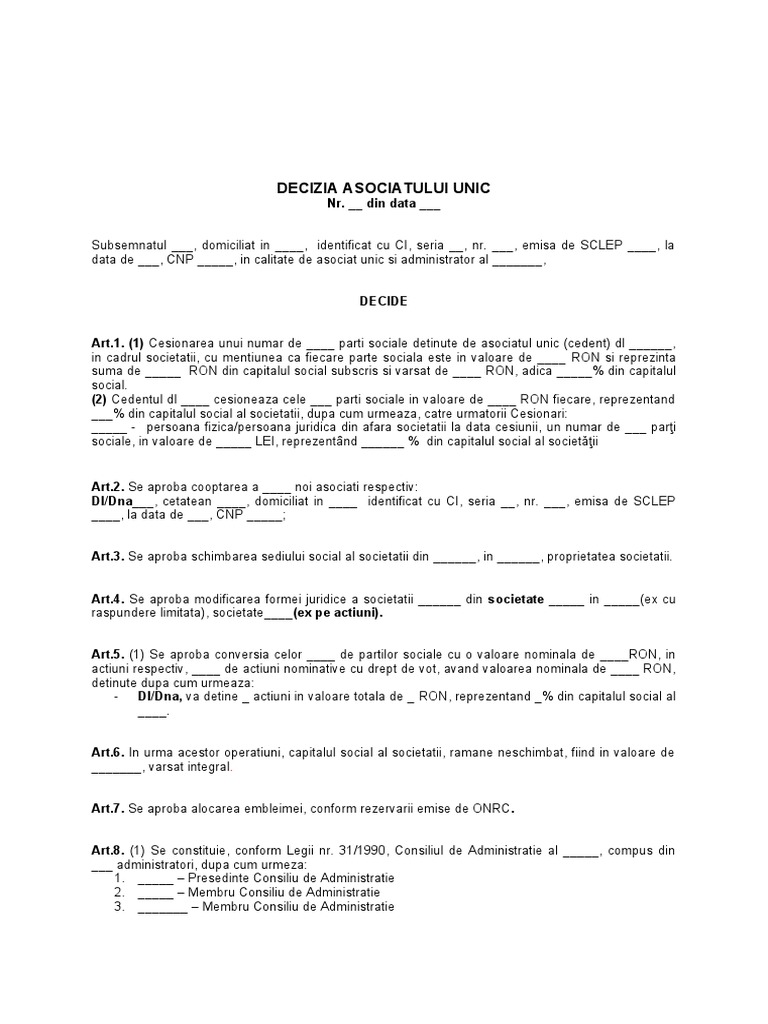 Decizie Asociat Unic - Cesiune + Transformare | PDF