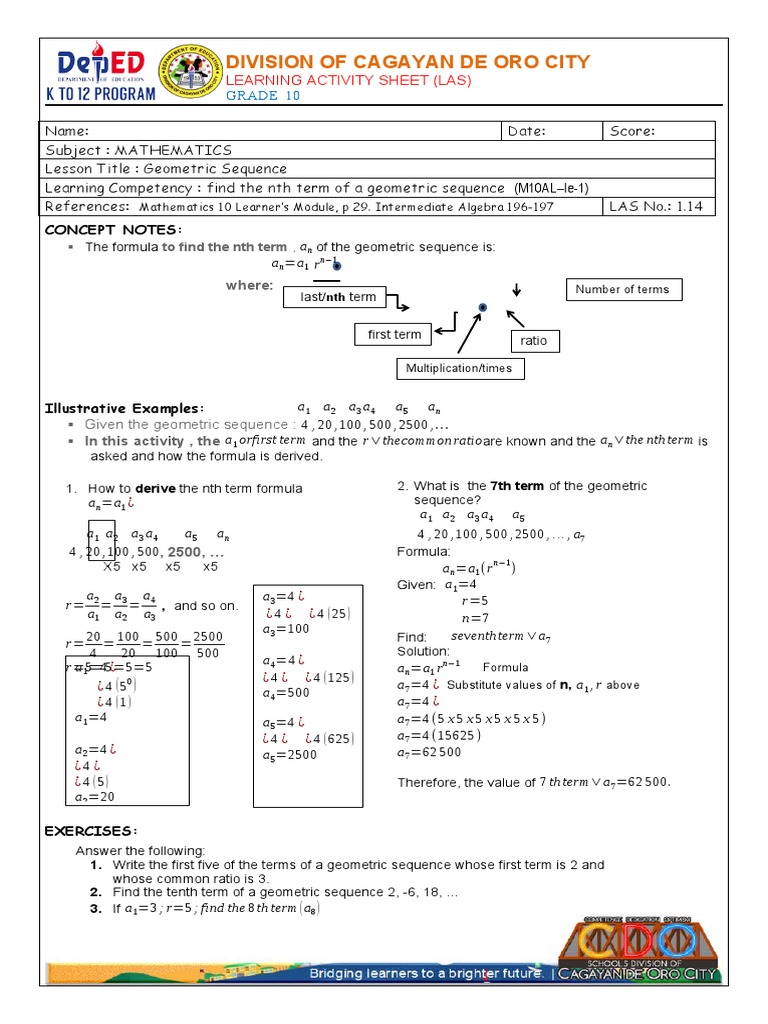 Grade 10 Geometric Sequence LAS | PDF | Formula | Sequence