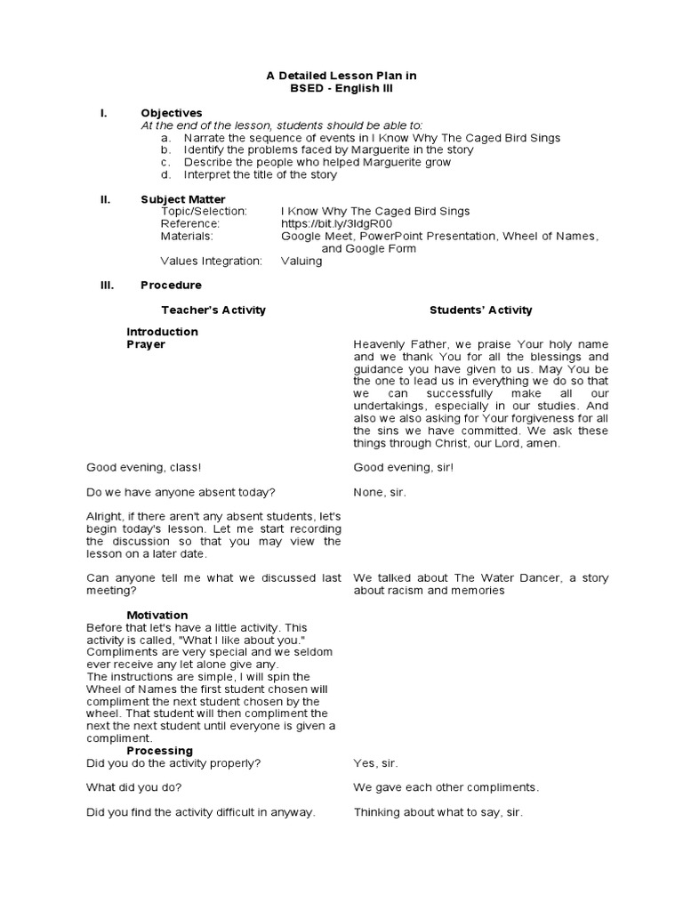 ECPELIT I Know Why The Caged Bird Sings Lesson Plan Enriquez | Download ...