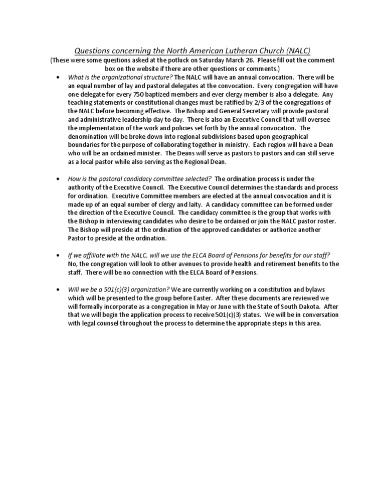 Questions Concerning The North American Lutheran Church (NALC) | PDF ...