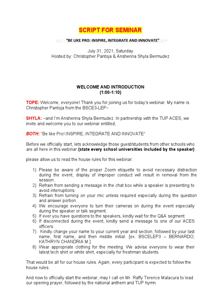 Script For Seminar: "Be Like Pro: Inspire, Integrate and Innovate" | PDF