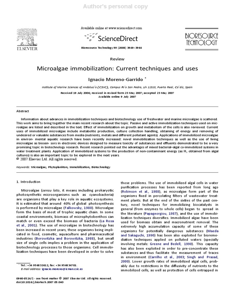 Microalgae Immobilization: Current Techniques and Uses: Ignacio Moreno-Garrido | PDF | Agar | Algae