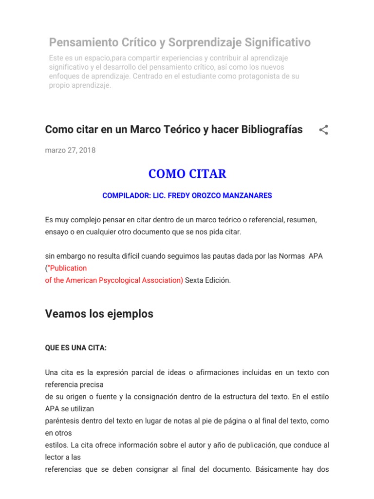 Como Citar en Un Marco Teórico y Hacer Bibliografías | PDF | Autor ...
