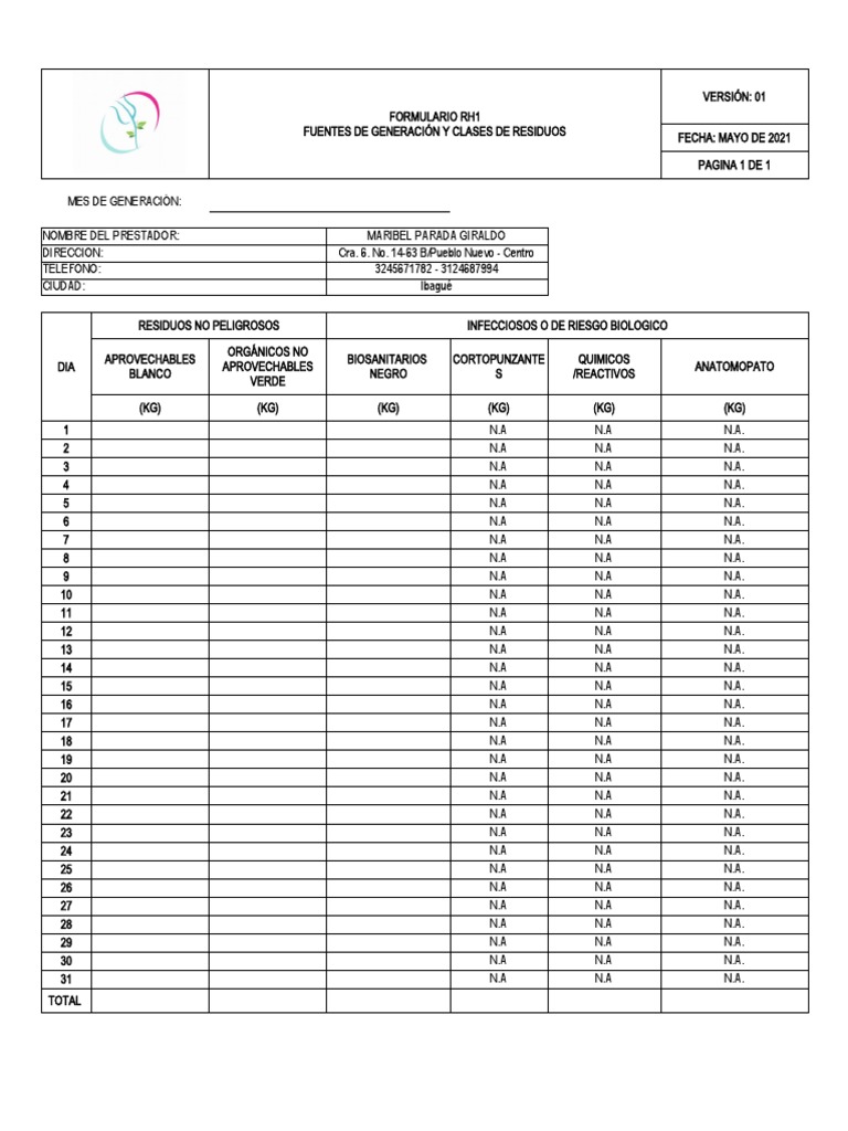 Planilla FORMATO RH1 Residuos | PDF
