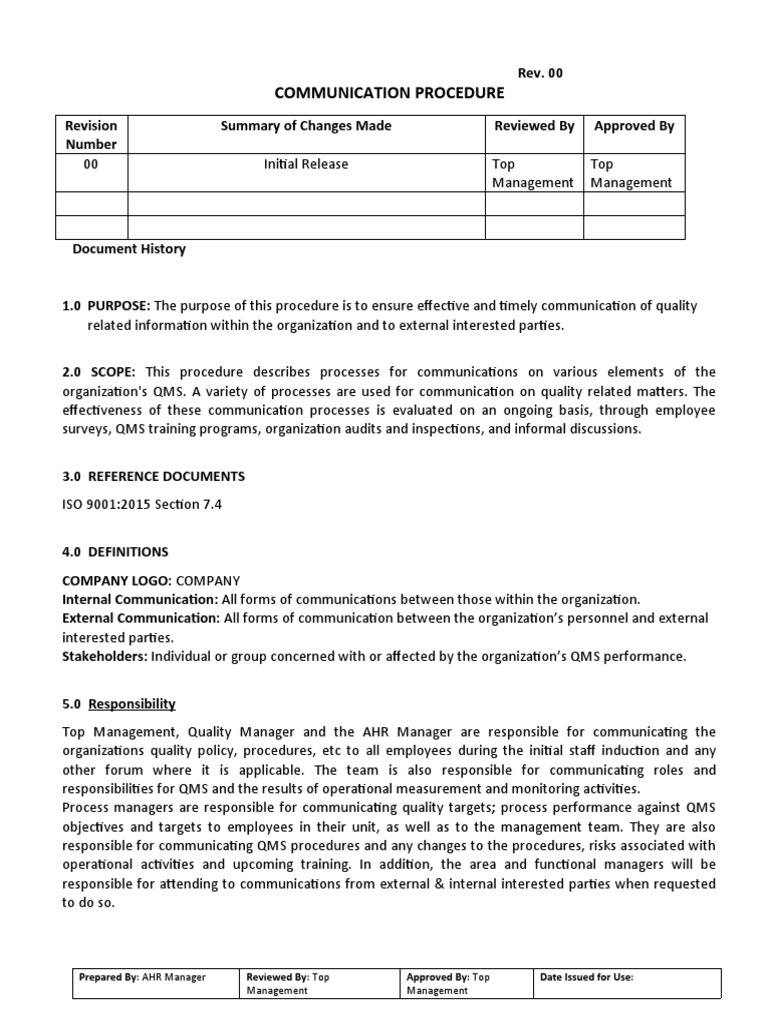 Communication Procedure: Prepared By: AHR Manager Reviewed By: Top ...