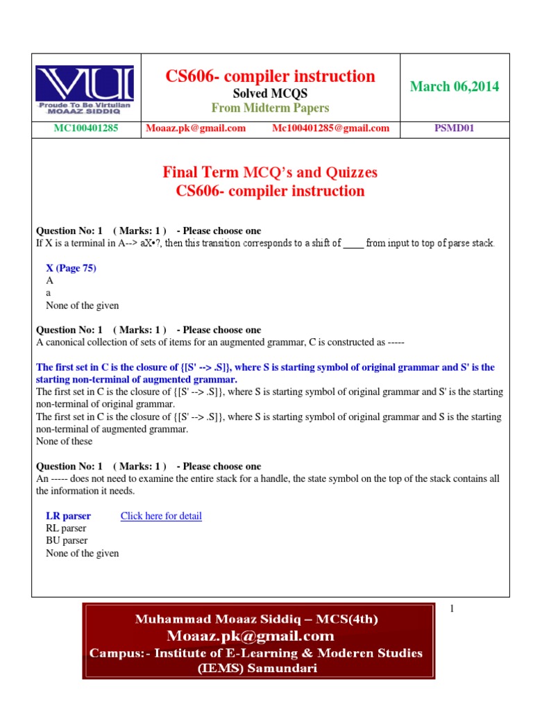 CS606 Compiler Instruction MCQs Guide | PDF | Parsing | Software Engineering