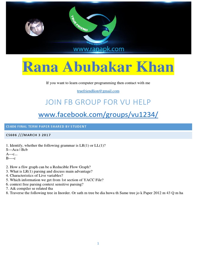 CS606-FinalTerm-By Rana Abubakar Khan | PDF | Parsing | Computer Programming