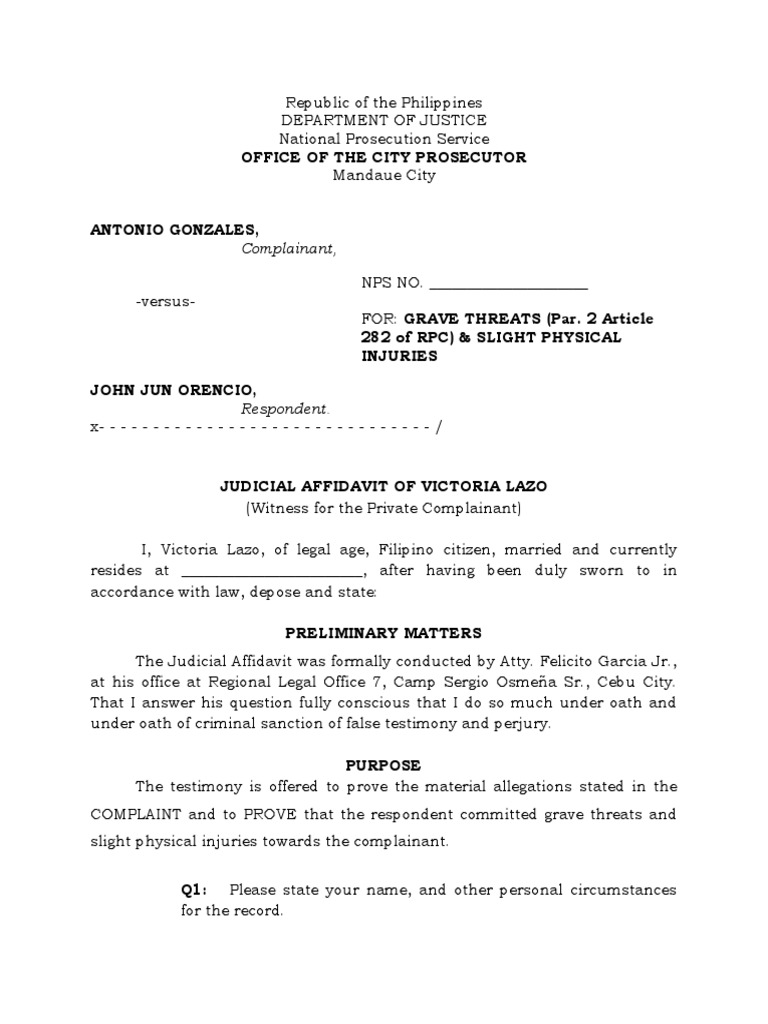 Judicial Affidavit of Victoria Lazo | PDF | Affidavit | Perjury