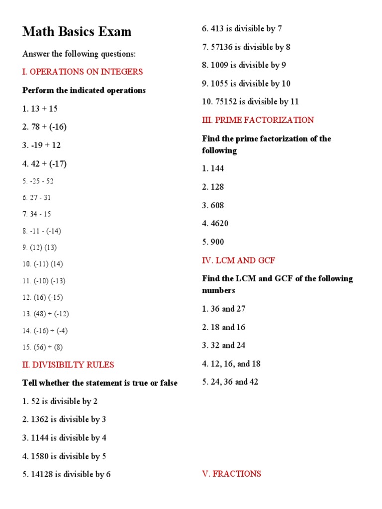 Math Basics Exam: I. Operations On Integers | PDF | Discrete ...