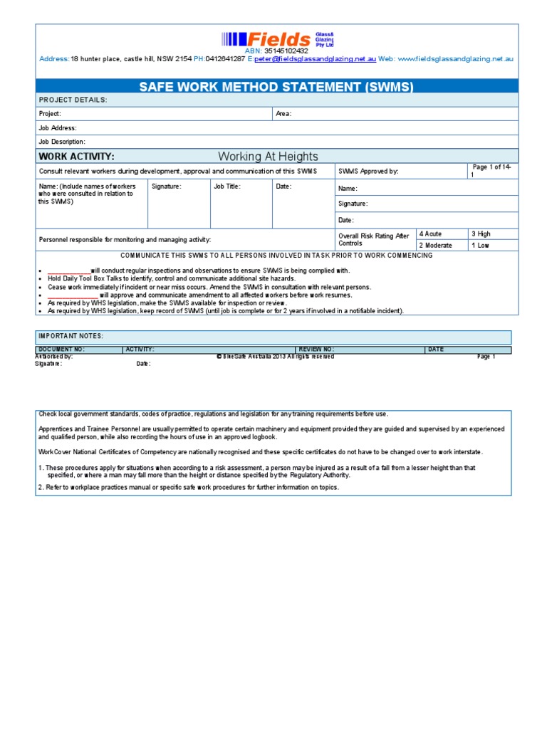 WHS 2016 Working at Heights SWMS | PDF | Personal Protective Equipment ...