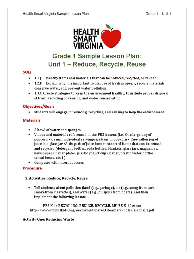 Grade 1 Sample Lesson Plan: Unit 1 - Reduce, Recycle, Reuse | PDF ...