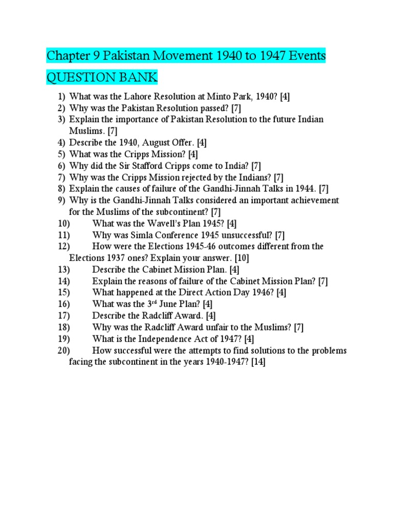 Chapter 9 Pakistan Movement 1940 To 1947 Events Question Bank | PDF