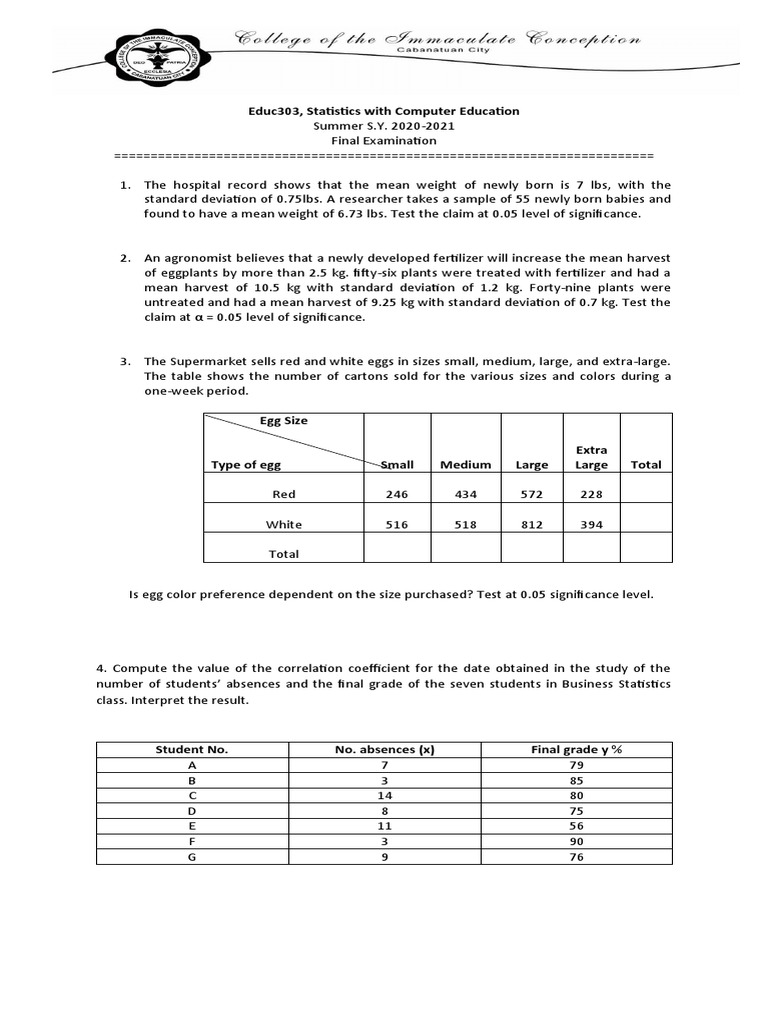 Statistics Final Examination | PDF | Statistics | Standard Deviation