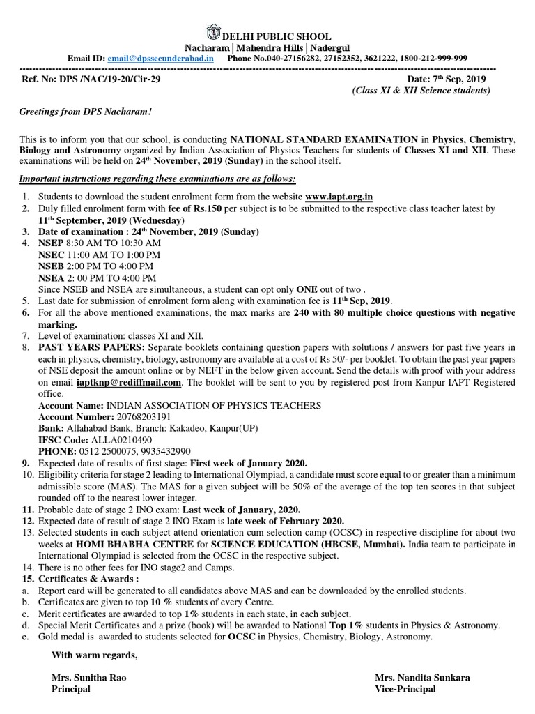 (Class XI & XII Science Students) Greetings From DPS Nacharam! | PDF ...