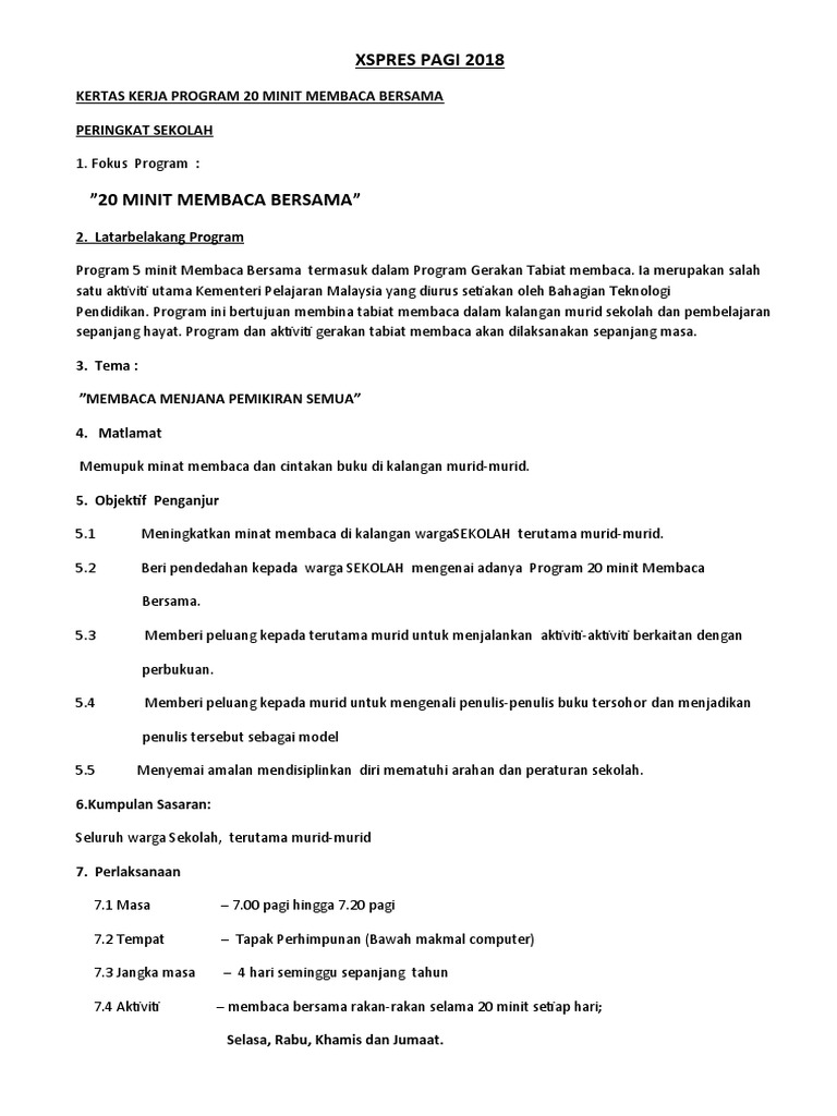 Kertas Kerja Program 20 Minit Membaca | PDF