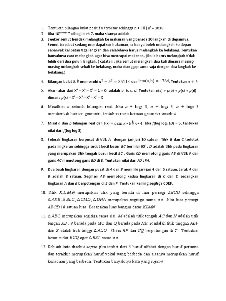 Soal Olimpiade MTK KIR 2018 | PDF