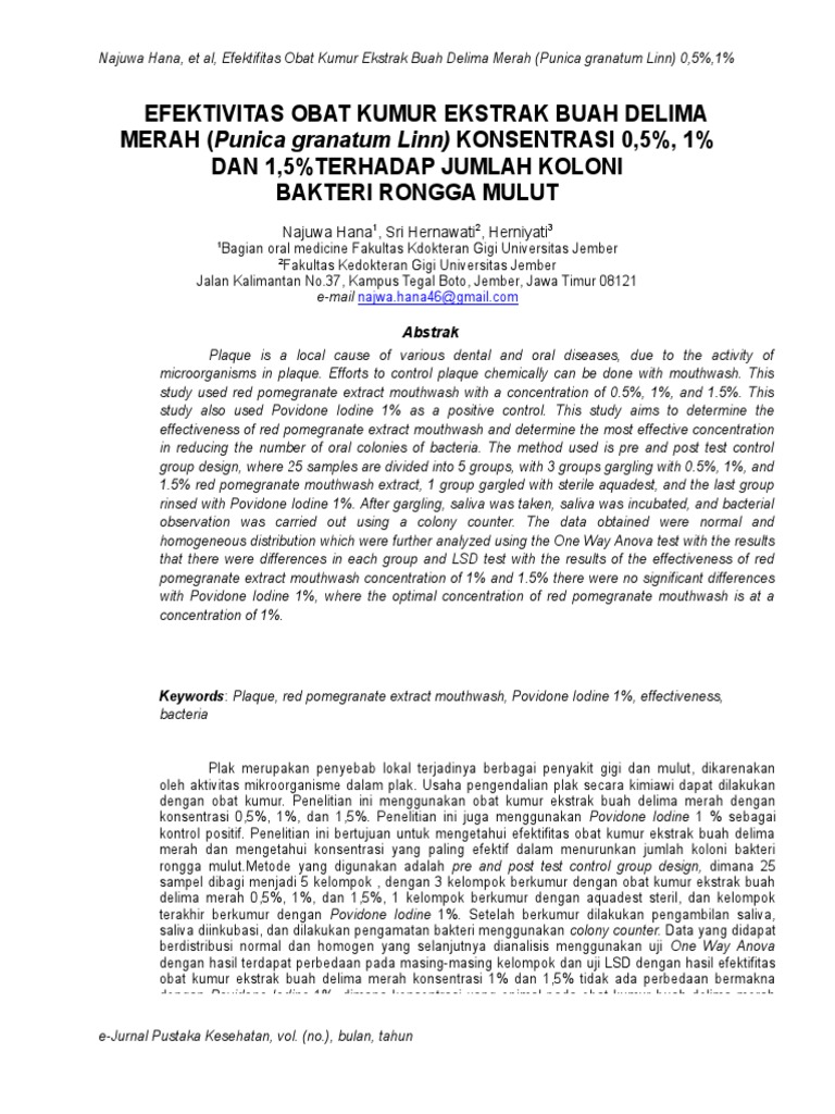 Efektivitas Obat Kumur Ekstrak Buah Delima MERAH (Punica Granatum Linn ...