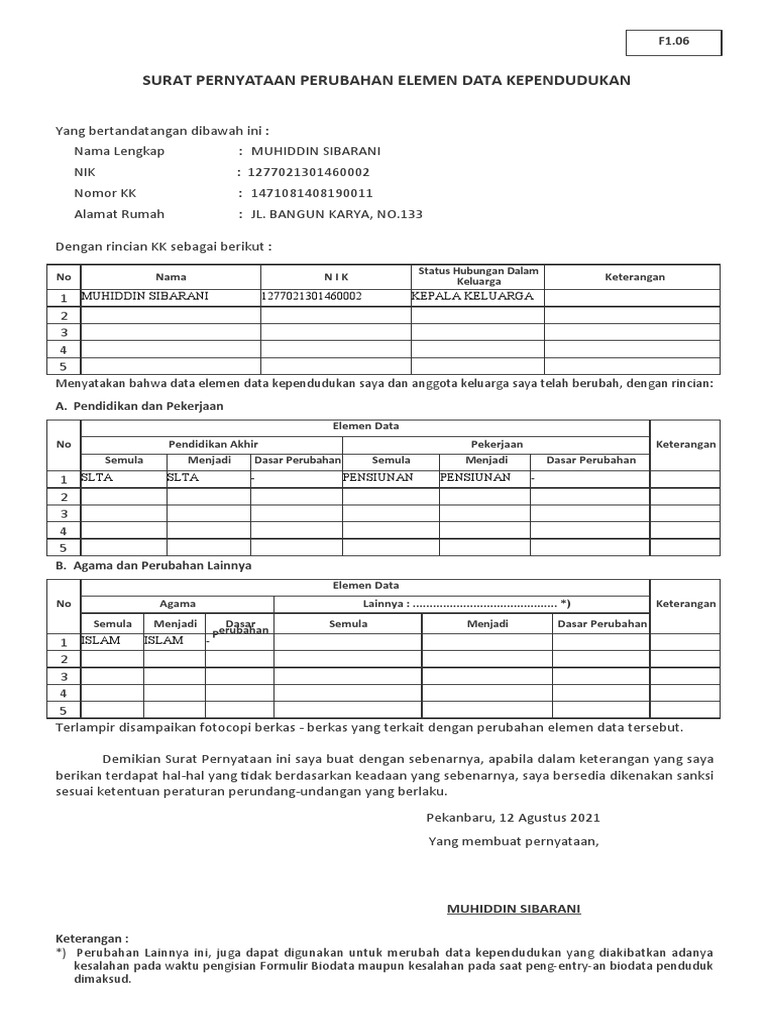 Formulir F1 06 | PDF